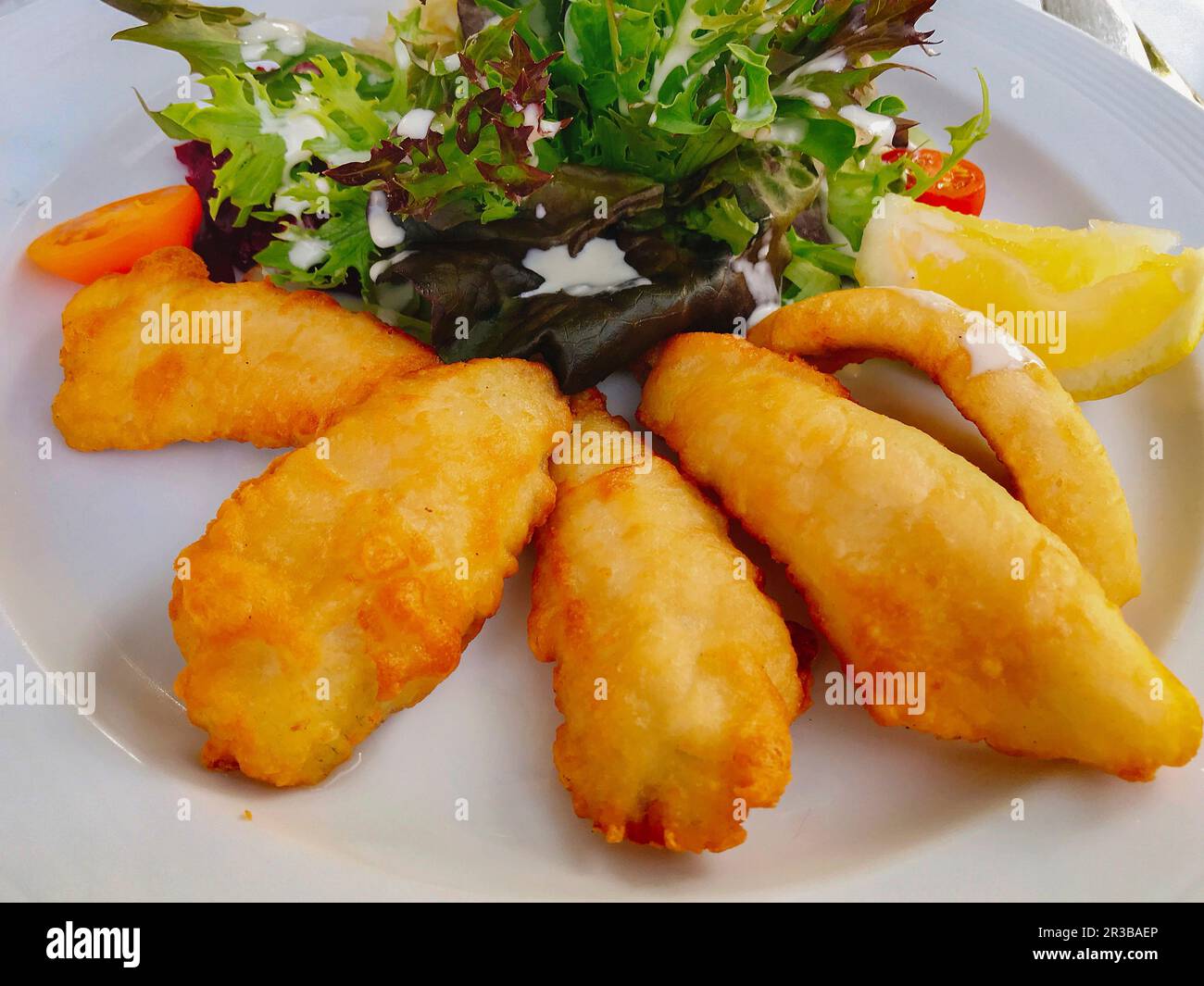 Battered fish fillet with a mixed leaf salad Stock Photo - Alamy
