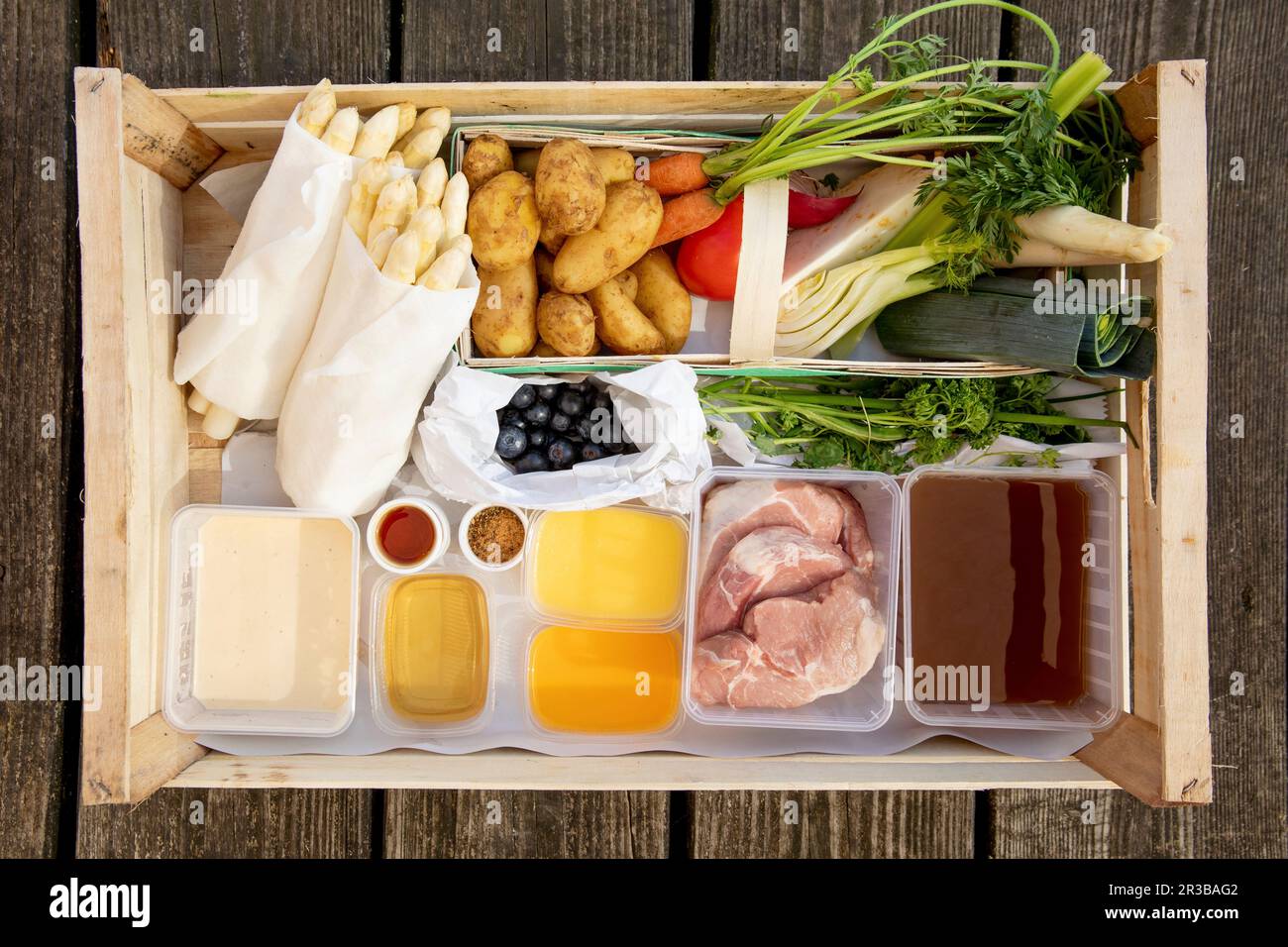 A menu box for making minestrone, pork with asparagus and blueberry ...
