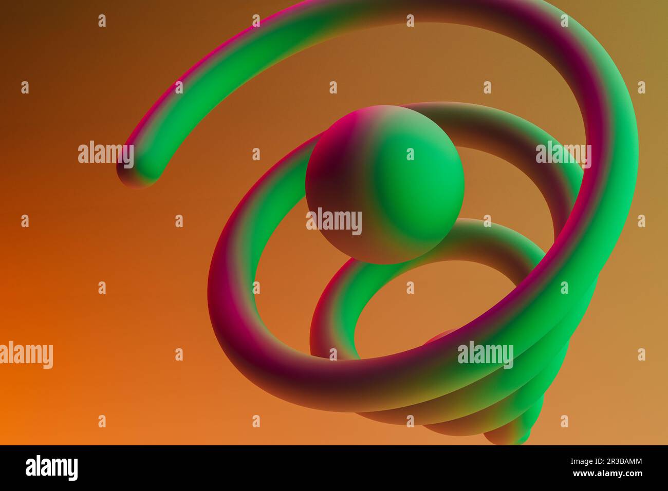 3D render of green sphere and spiral floating against orange background ...