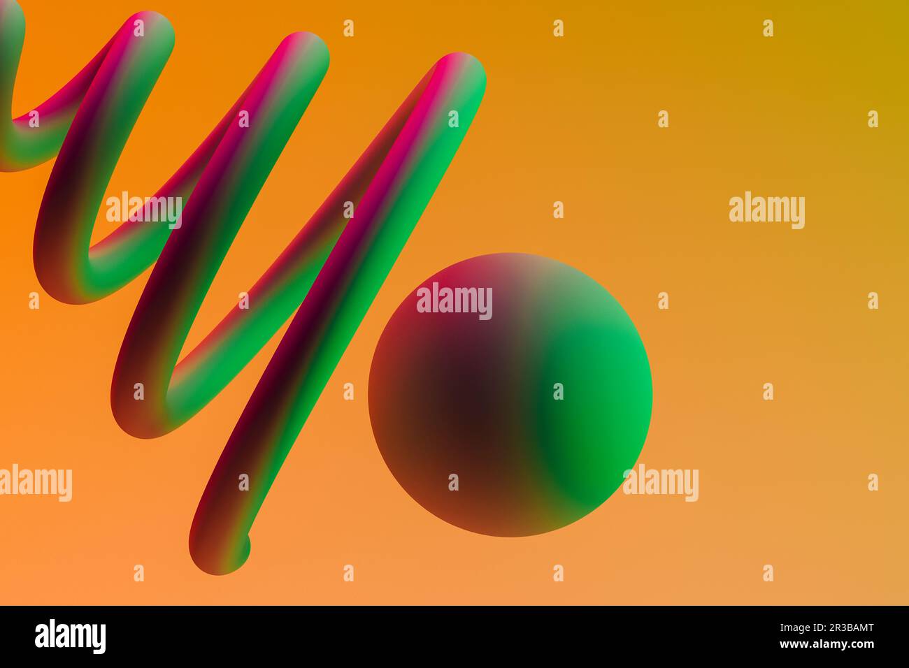 3D render of green sphere and spiral floating against orange background ...