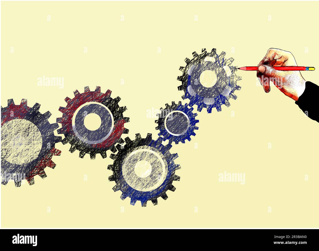 Hand of person drawing interlocked gears Stock Photo - Alamy