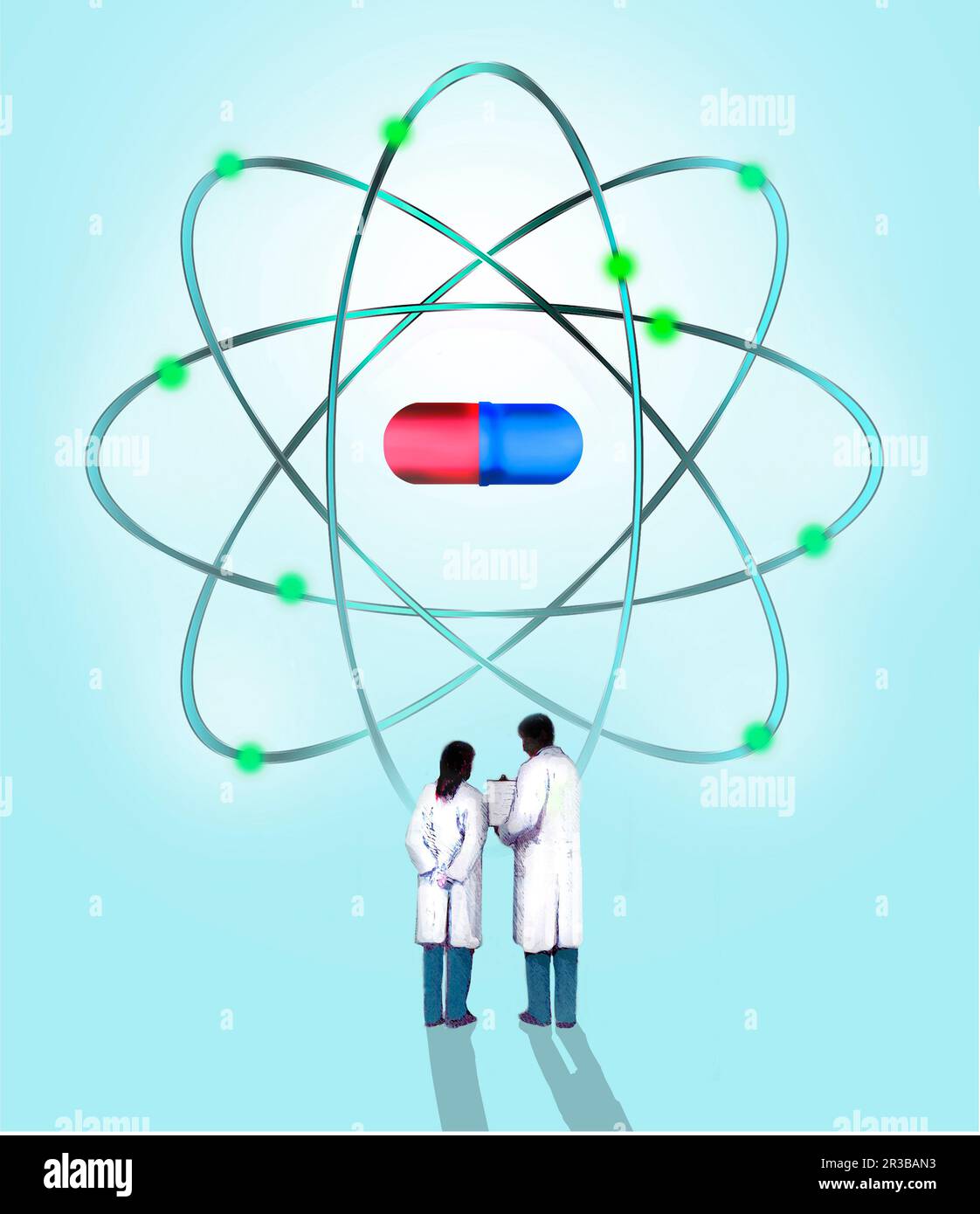 Illustration of two scientists talking in front of floating pill Stock ...