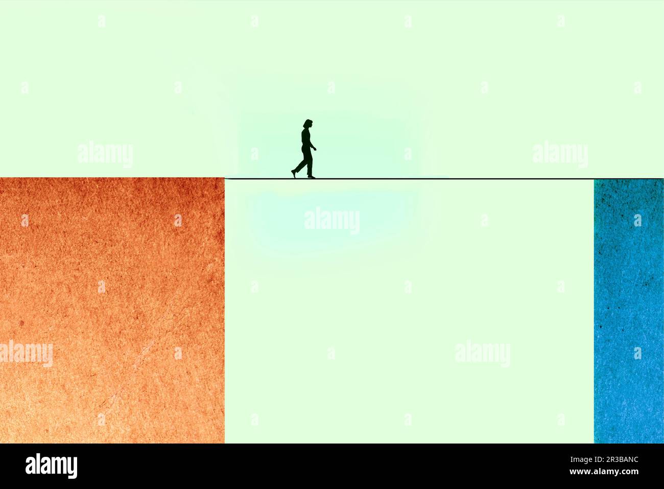 Silhouette of woman walking tightrope between two blocks Stock Photo ...