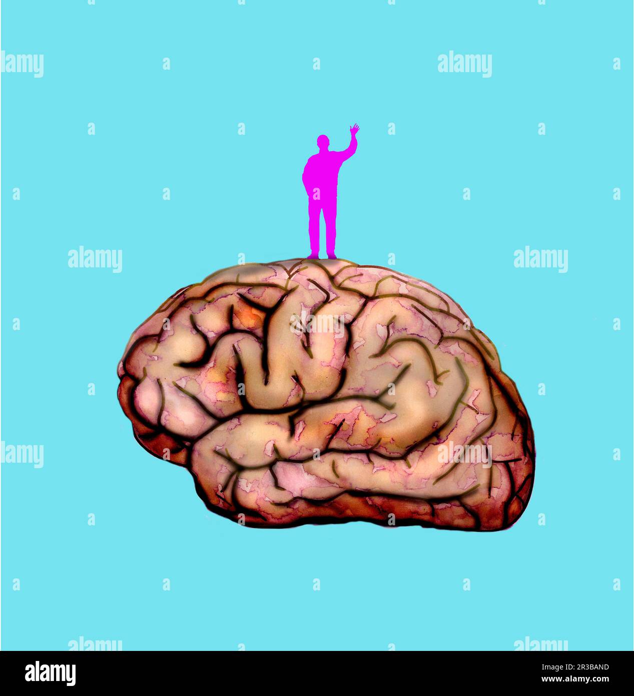Illustration of man standing on top of large brain Stock Photo - Alamy