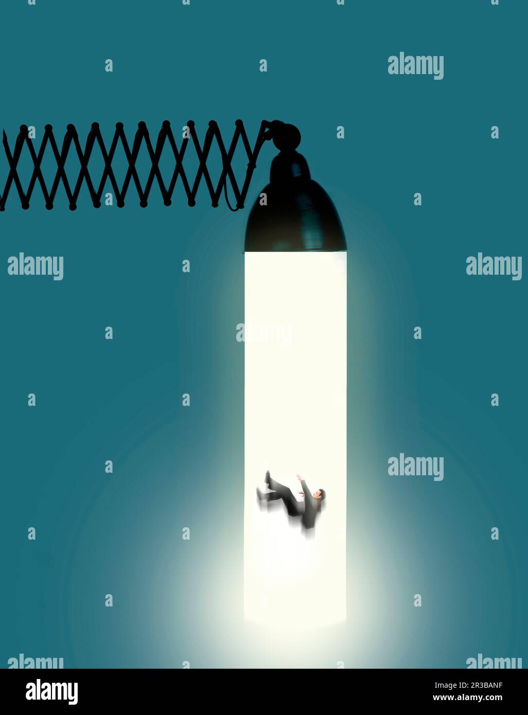 Illustration of man floating toward light beam cast by oversized desk ...