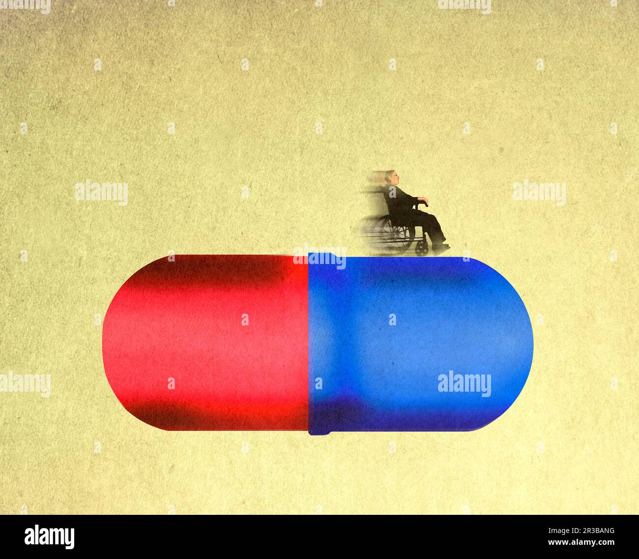 Illustration of wheelchaired man riding off oversized pill Stock Photo ...