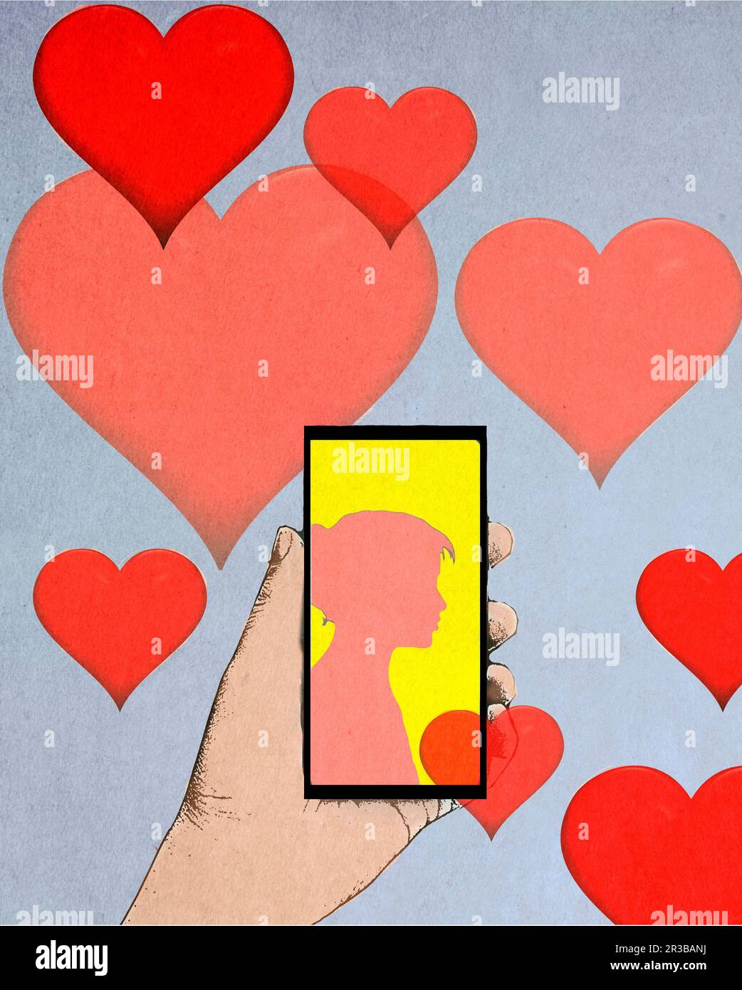 Illustration of hearts floating over hand of person holding smart phone ...