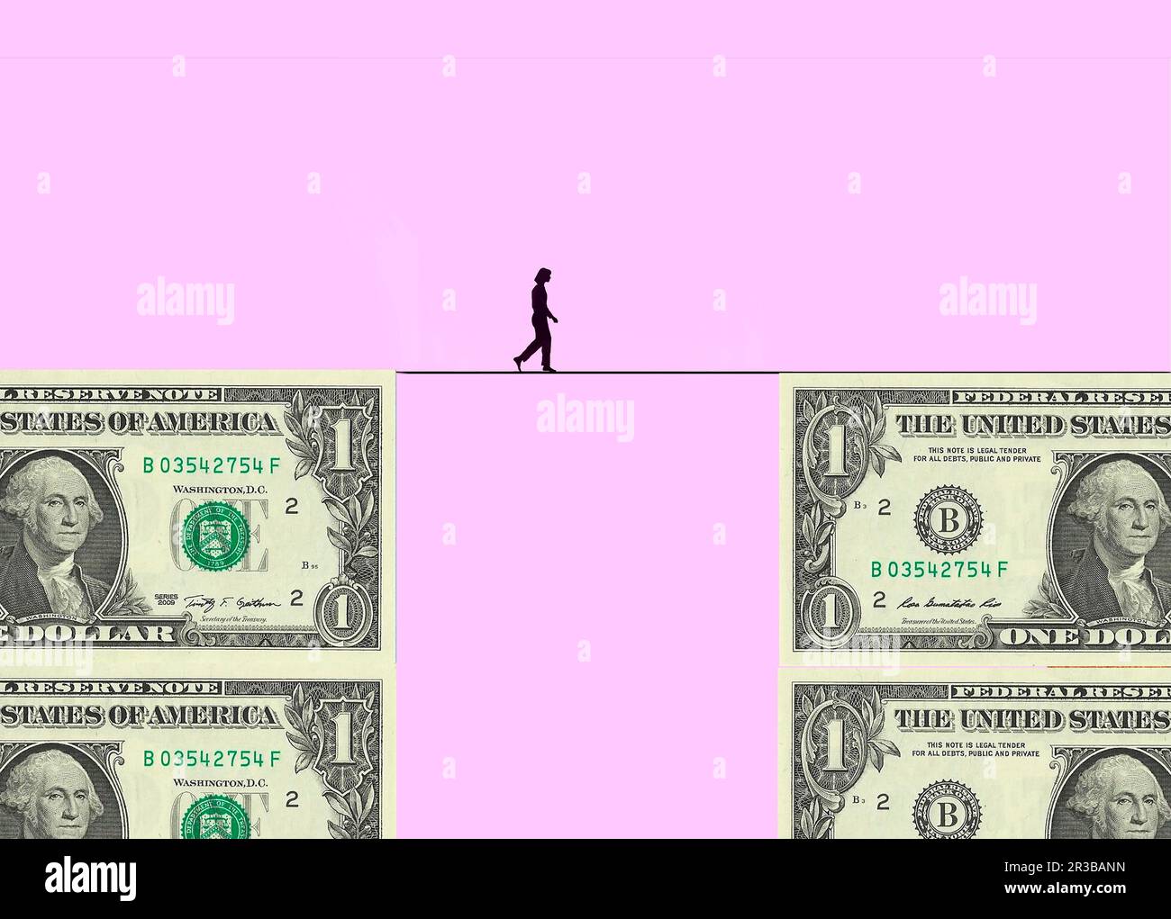 Silhouette of woman walking tightrope between two blocks made of one ...