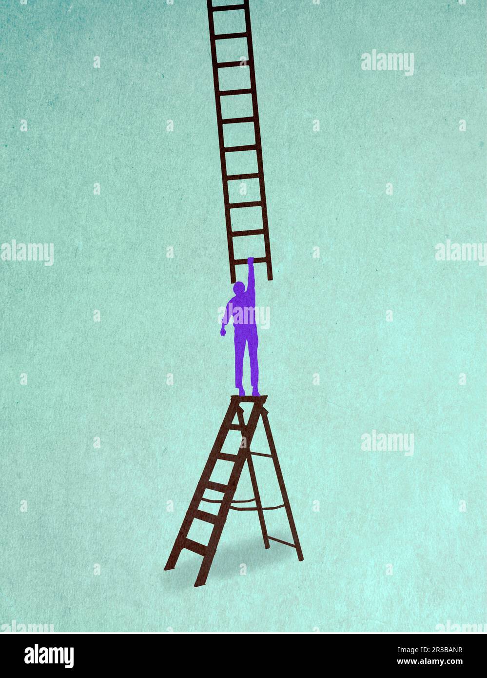 Illustration of man standing on step ladder reaching for another ladder ...