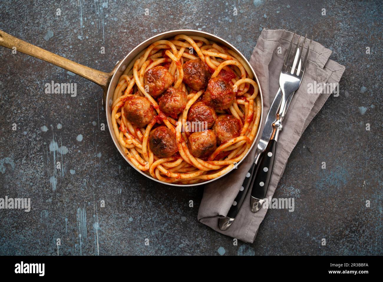 American traditional spaghetti with meatballs, tomato sauce and basil ...
