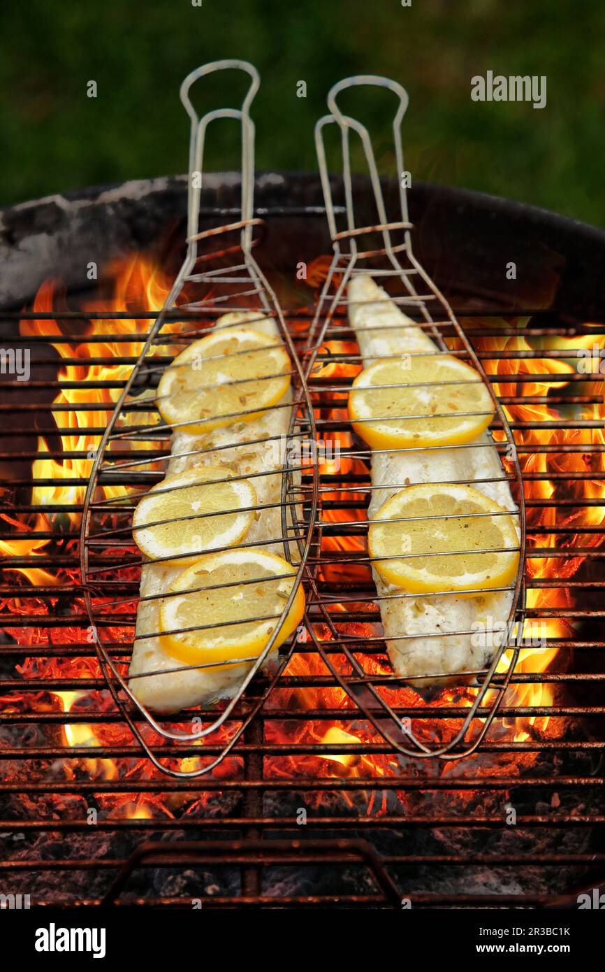 Zander fillets in fish baskets on a grill Stock Photo - Alamy