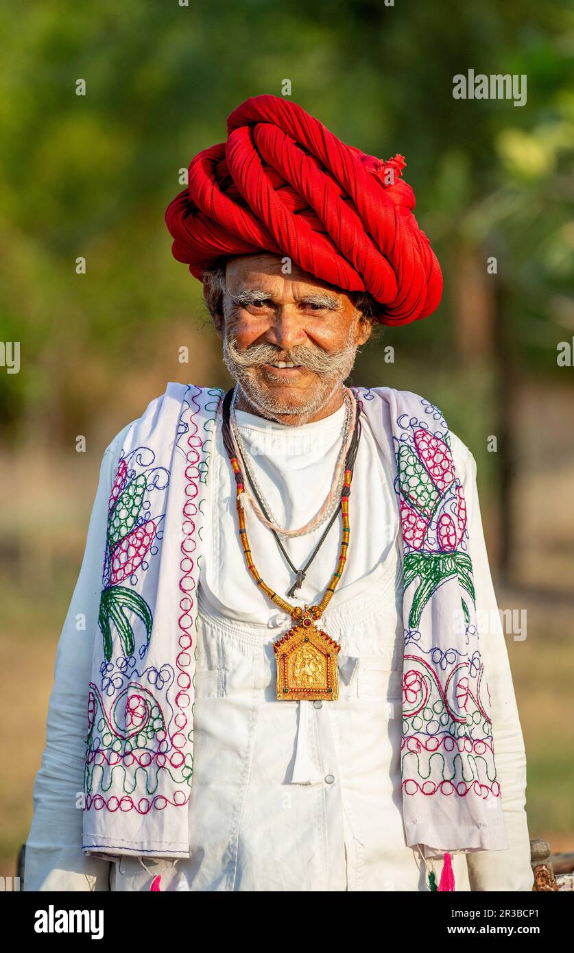 Portrait of a man of the Rabari ethnic group in a national headdress ...