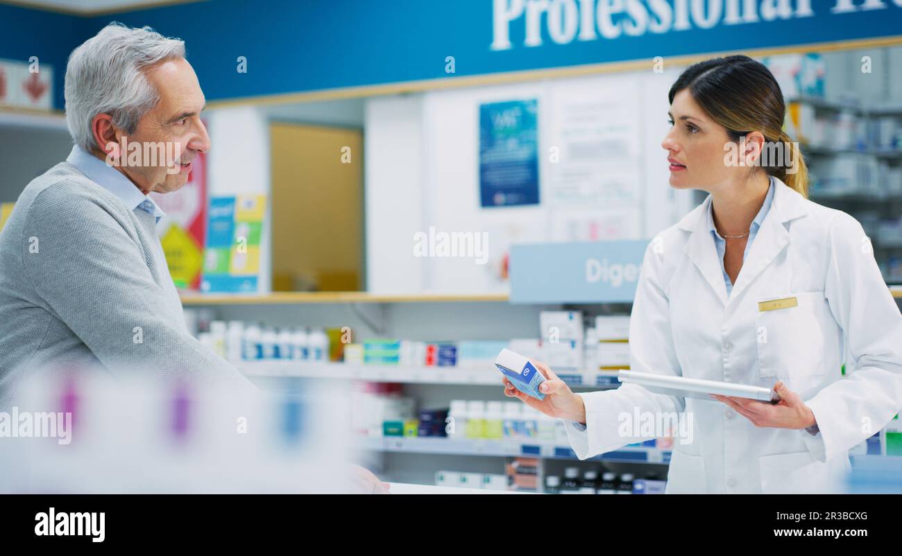 Pharmacy product, elderly customer and woman helping patient, client or ...