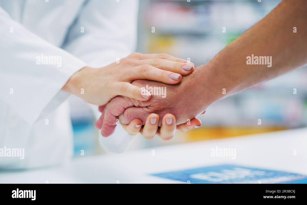 Hospital patient, holding hands and doctor empathy, support and care ...