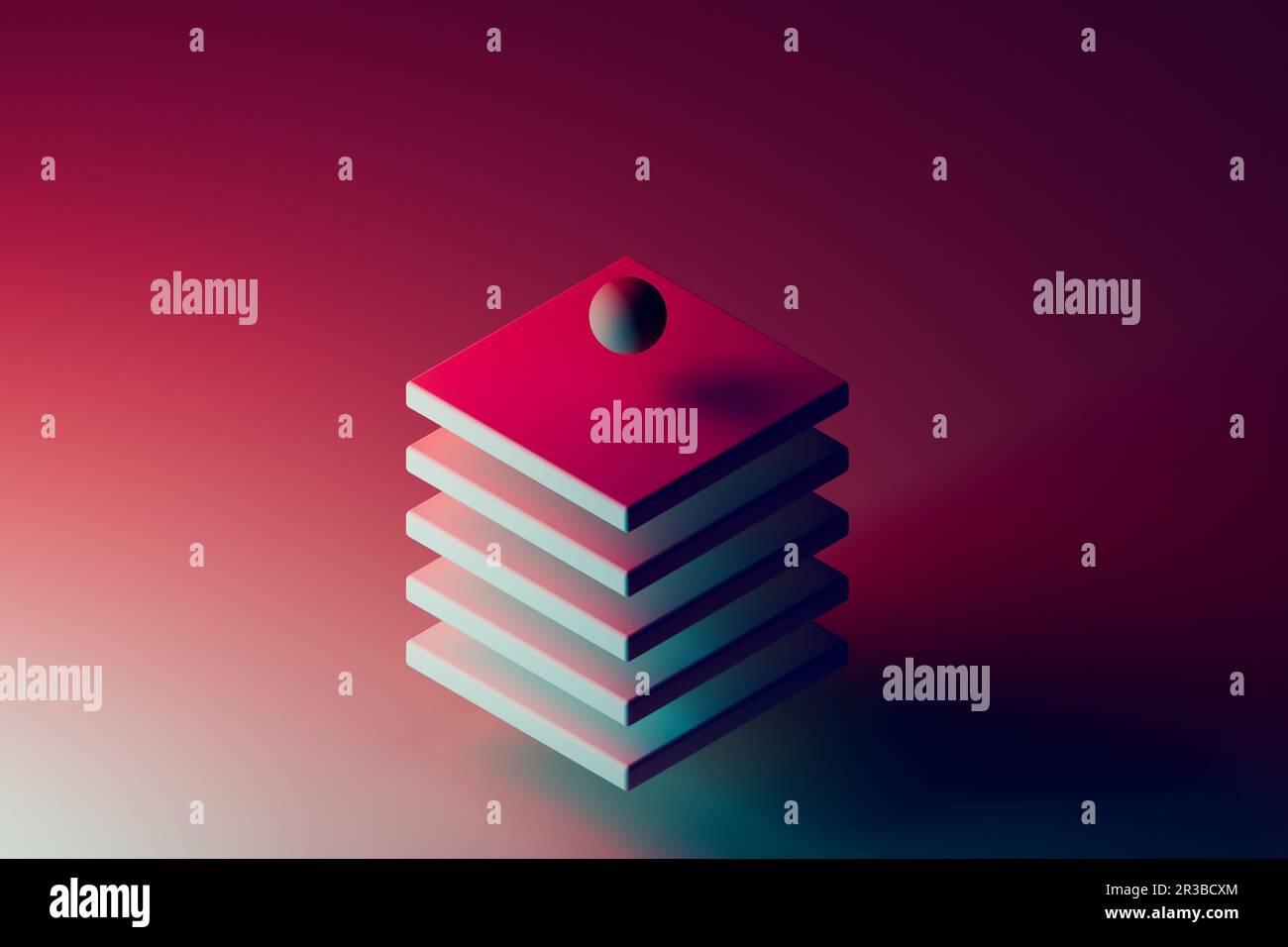 3D render of sphere and square tiles floating against red background ...