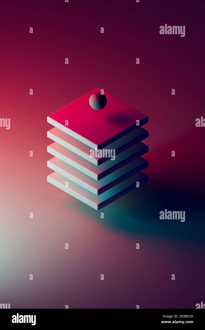 3D render of sphere and square tiles floating against red background ...