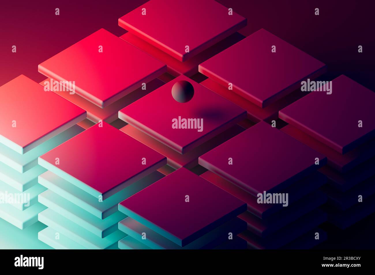 3D render of single sphere and large number of tiles floating against ...