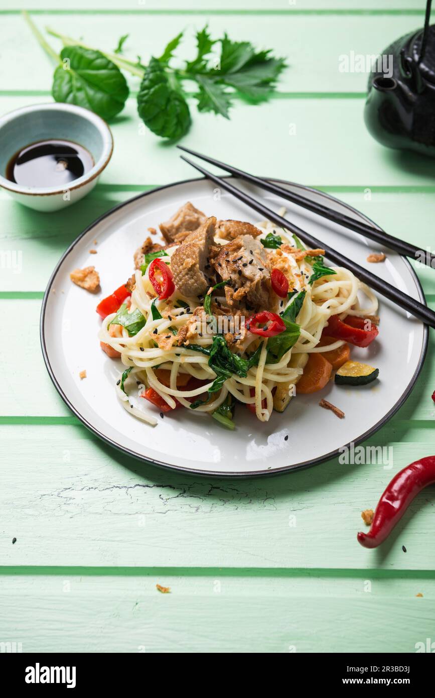 Asian noodles with vegetables, mizuna and misome salad and mock duck ...