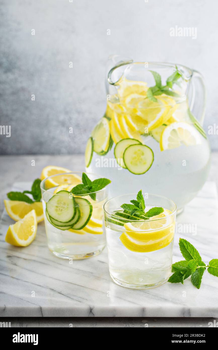 Refreshing lemonade with cucumber in a pitcher Stock Photo - Alamy