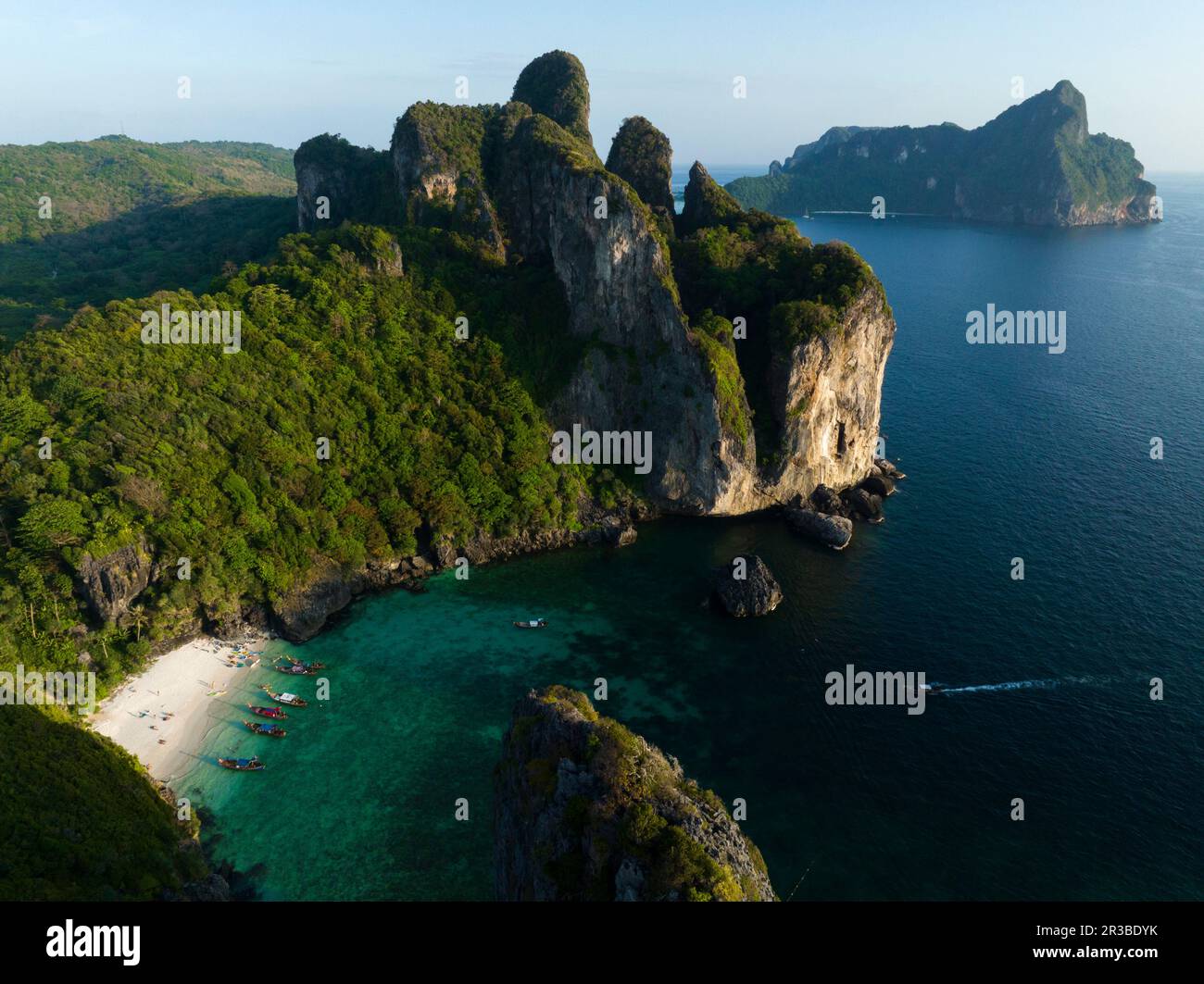 Thailand, Krabi Province, Drone view of cliffs of Phi Phi Islands Stock ...