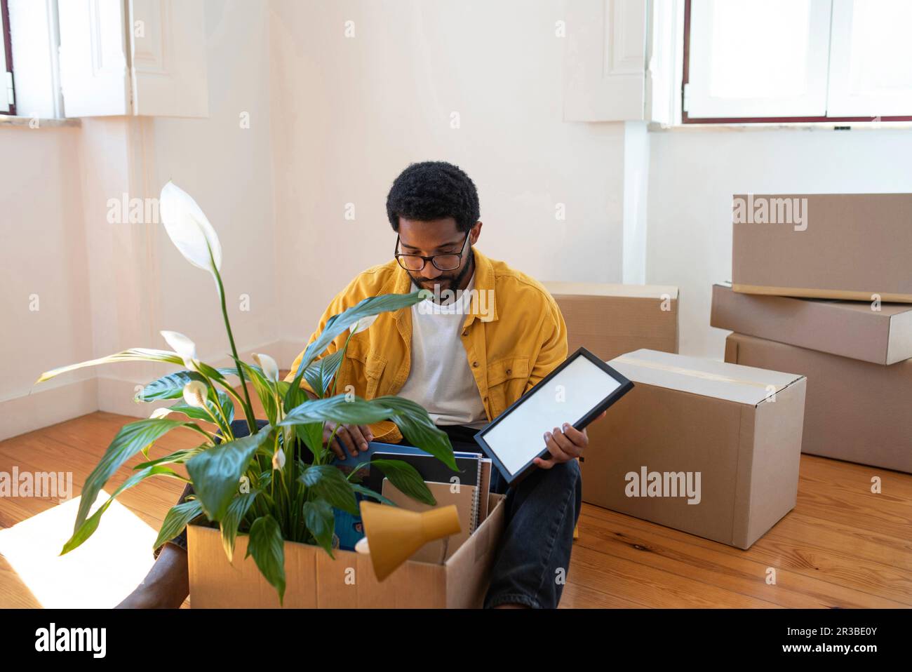 Man checking belongings in cardboard box at new apartment Stock Photo ...