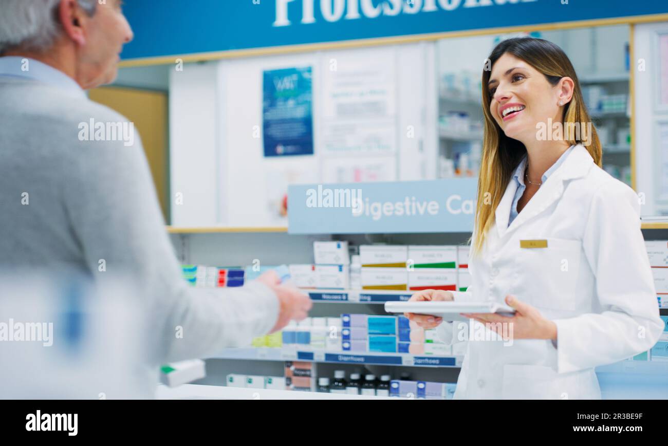 Pharmacist conversation, senior customer and woman helping elderly ...