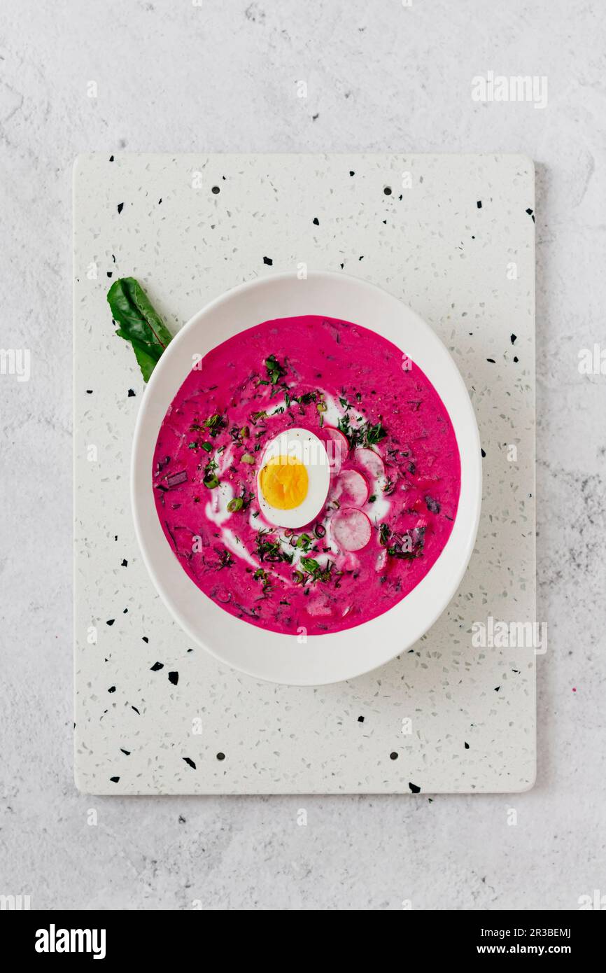 Cold beetroot soup with radish and cooked egg Stock Photo - Alamy