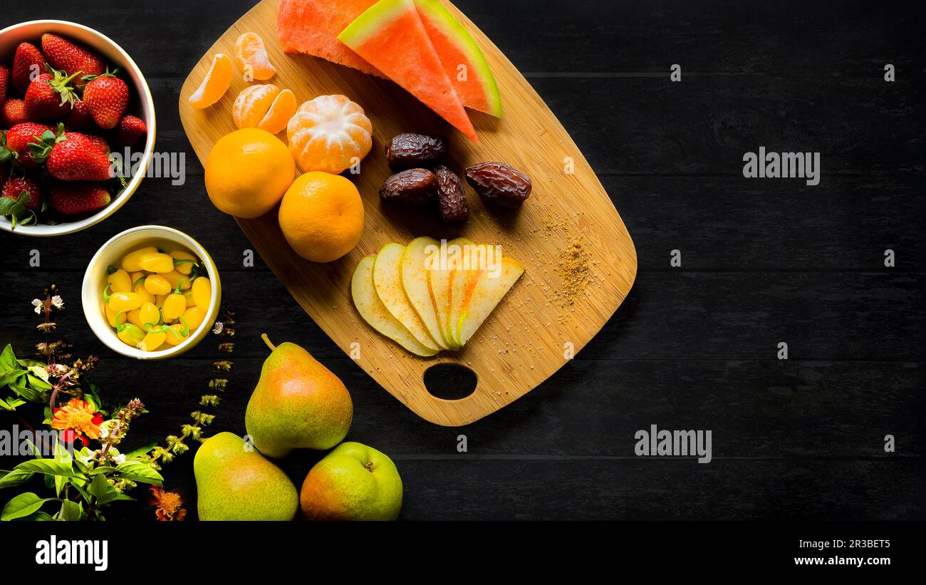 Flat Lay Top View Fruit Platter for Vegan Spring Picnic Stock Photo - Alamy