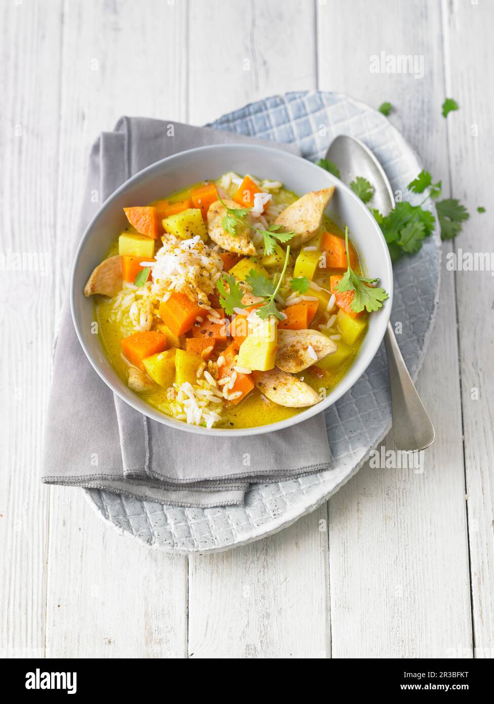 Chicken stew with rice, carrots, potatoes and coriander greens Stock ...