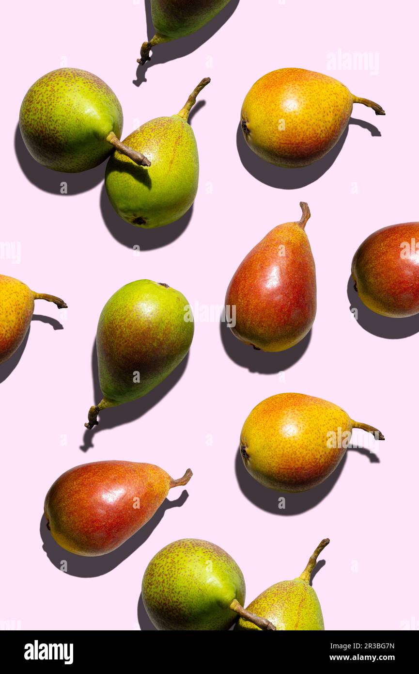 Different pears on a pink background Stock Photo - Alamy