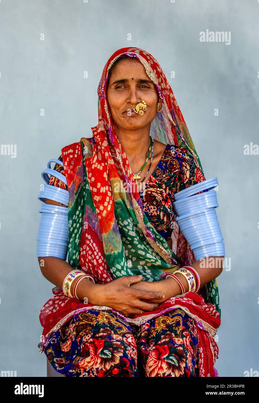 Portrait of a woman of the Rabari ethnic group in traditional dress ...