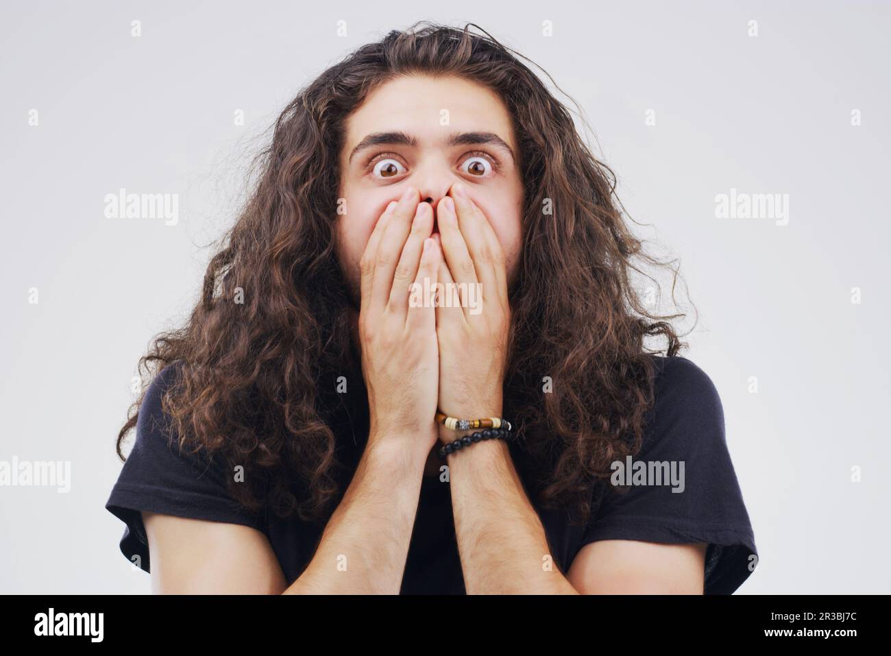 Portrait, wow and man with surprise, mockup and guy on a white studio ...