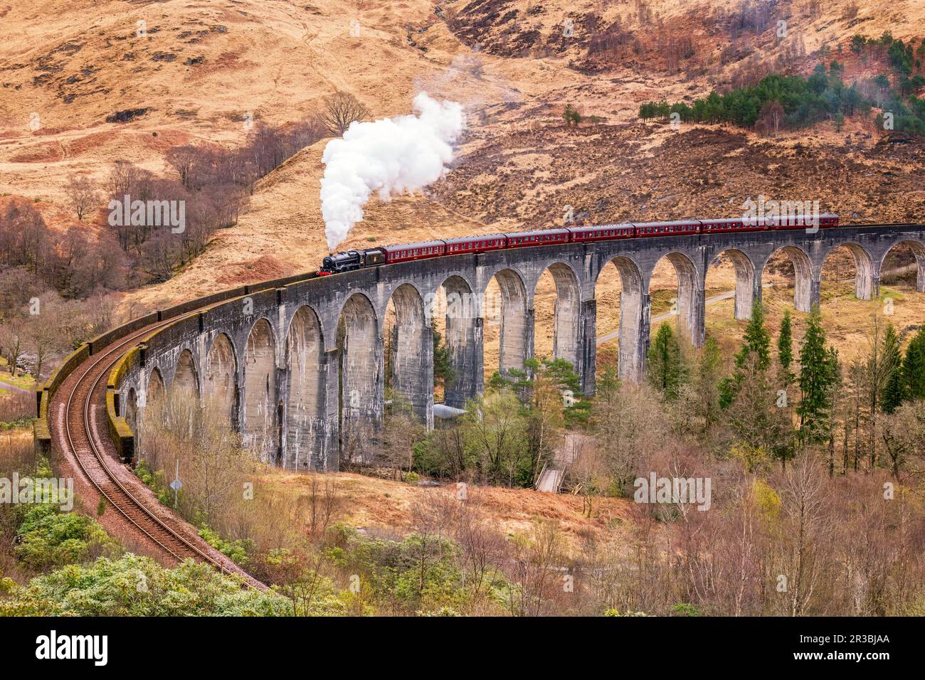 UK, Scotland, Jacobite steam train crossing Glenfinnan Viaduct Stock ...