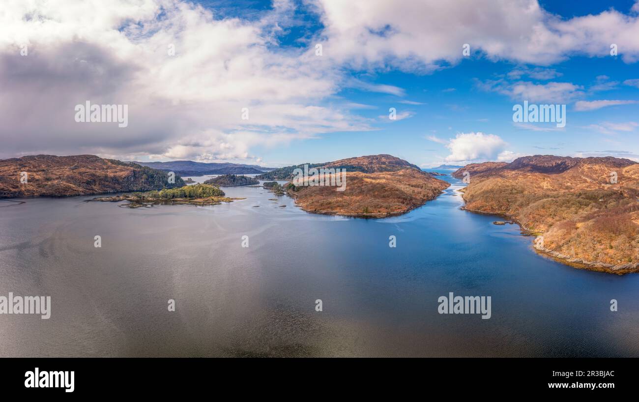 UK, Scotland, Aerial view of Loch Moidart with Eilean Shona island in ...