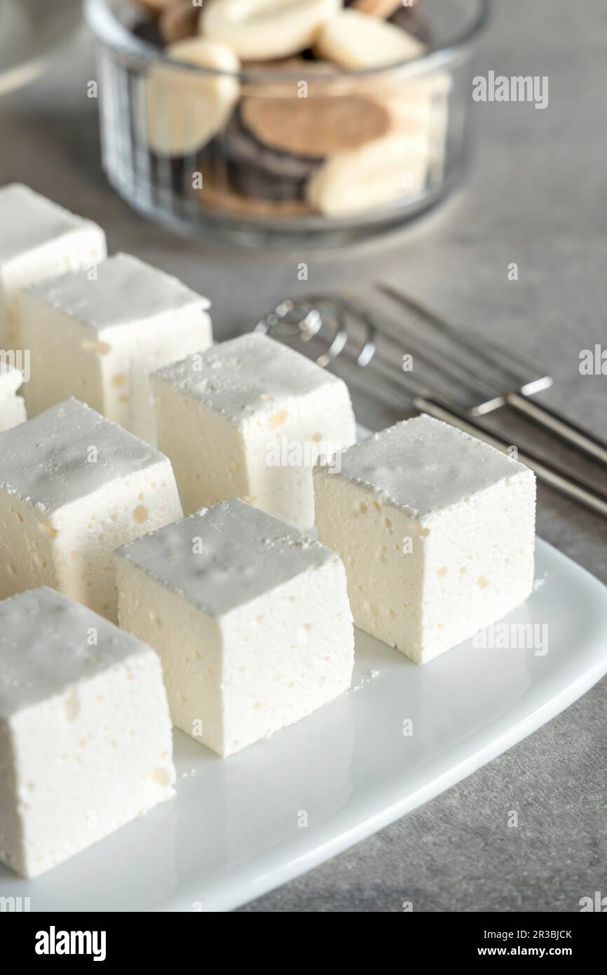 Homemade bird's milk vanilla souffle candies Stock Photo - Alamy