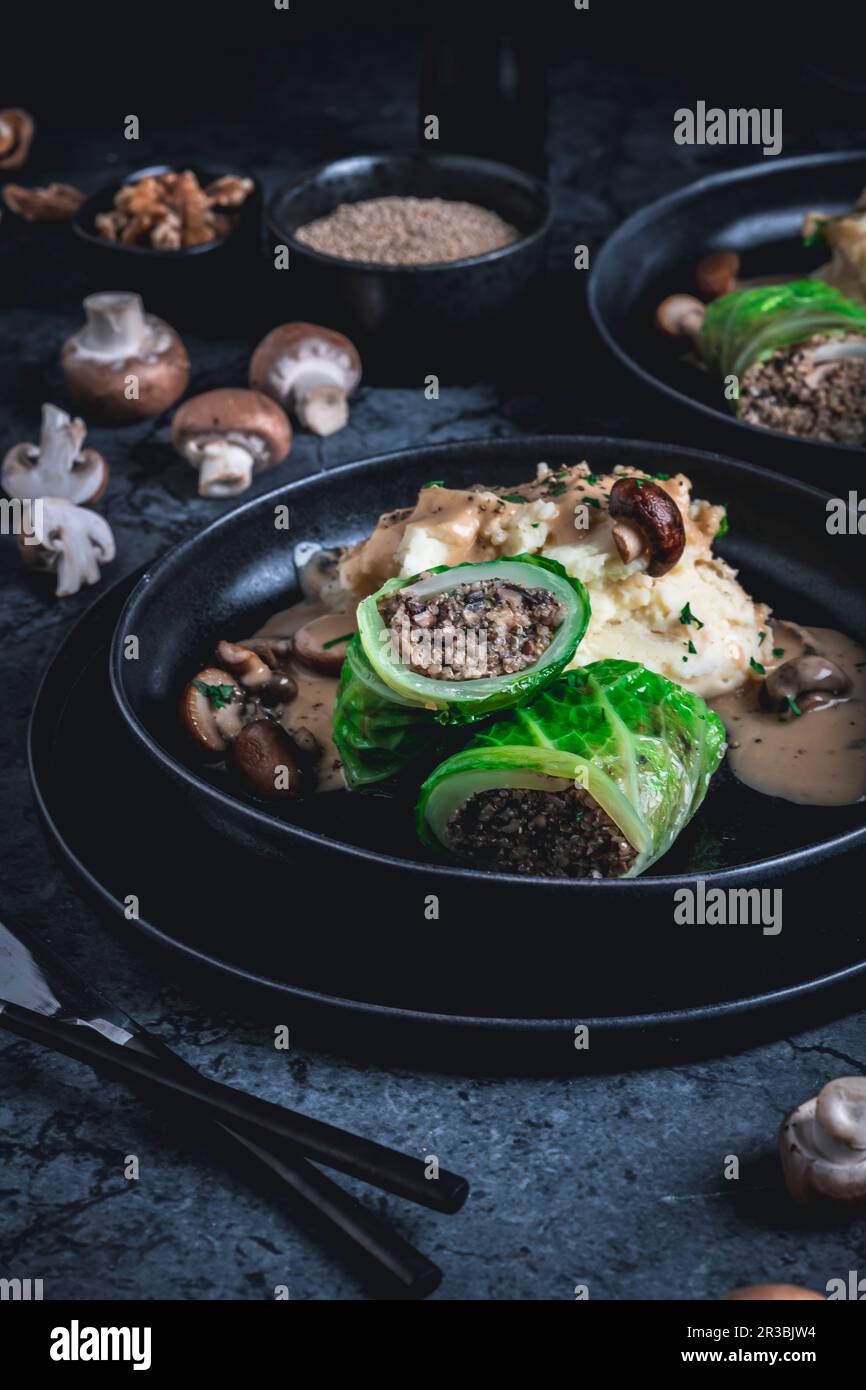 Vegetarian savoy cabbage roulade with a mushroom and quinoa filling ...