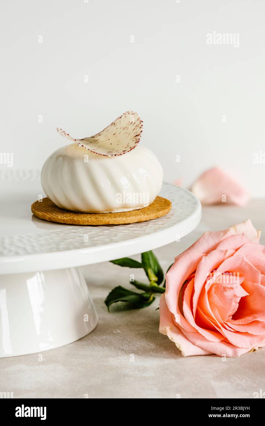 Vanilla and white chocolate mousse individual cake Stock Photo - Alamy