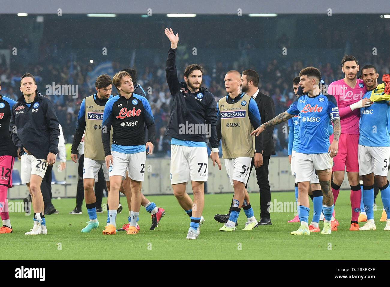 Naples, Italy. 21 May, 2023. Khvicha Kvaratskhelia of SSC Napoli greets ...