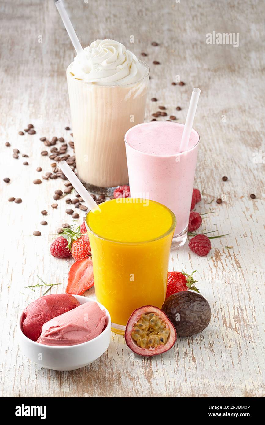 Exotic fruit slush, a strawberry milkshake and a coffee milkshake Stock ...