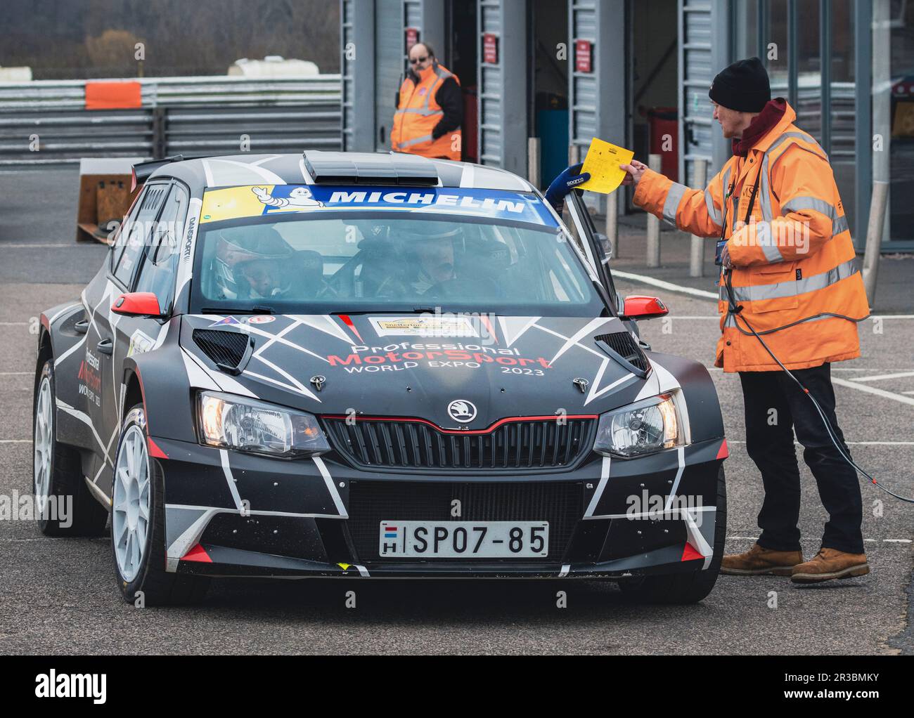 Tommy Robinson and Paul Spooner in the Skoda Fabia R5 rally car in the ...