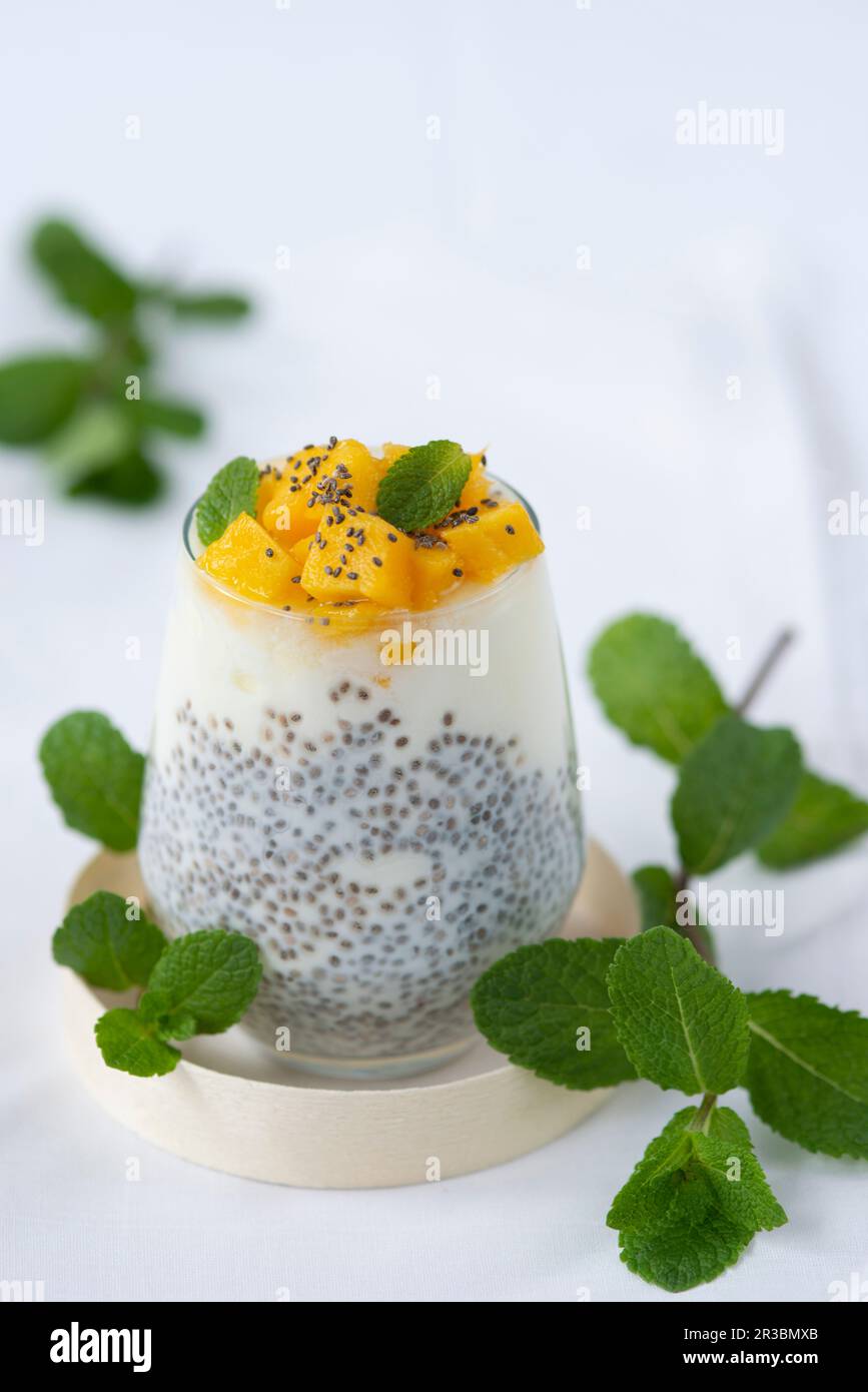 Chia Greek Yoghurt Pudding with Mango Stock Photo - Alamy