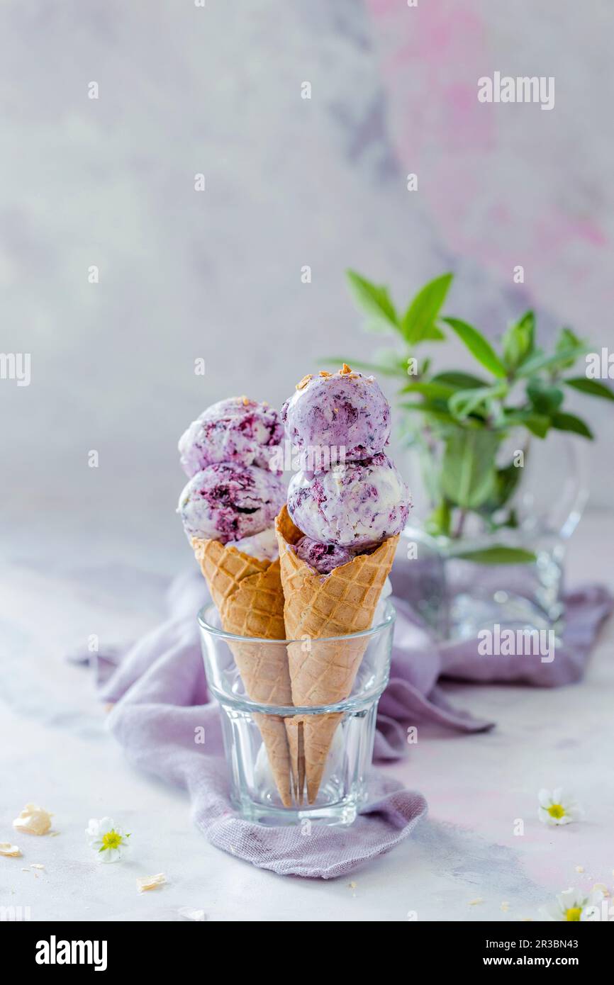Blueberry ice cream in a waffle cone Stock Photo - Alamy