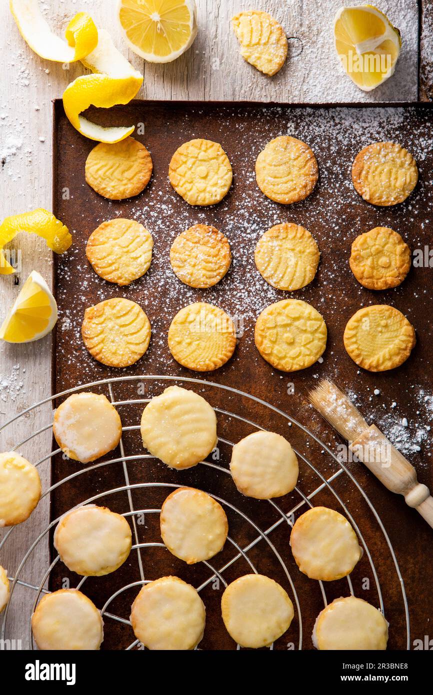Crispy lemon biscuits with a lace pattern Stock Photo - Alamy