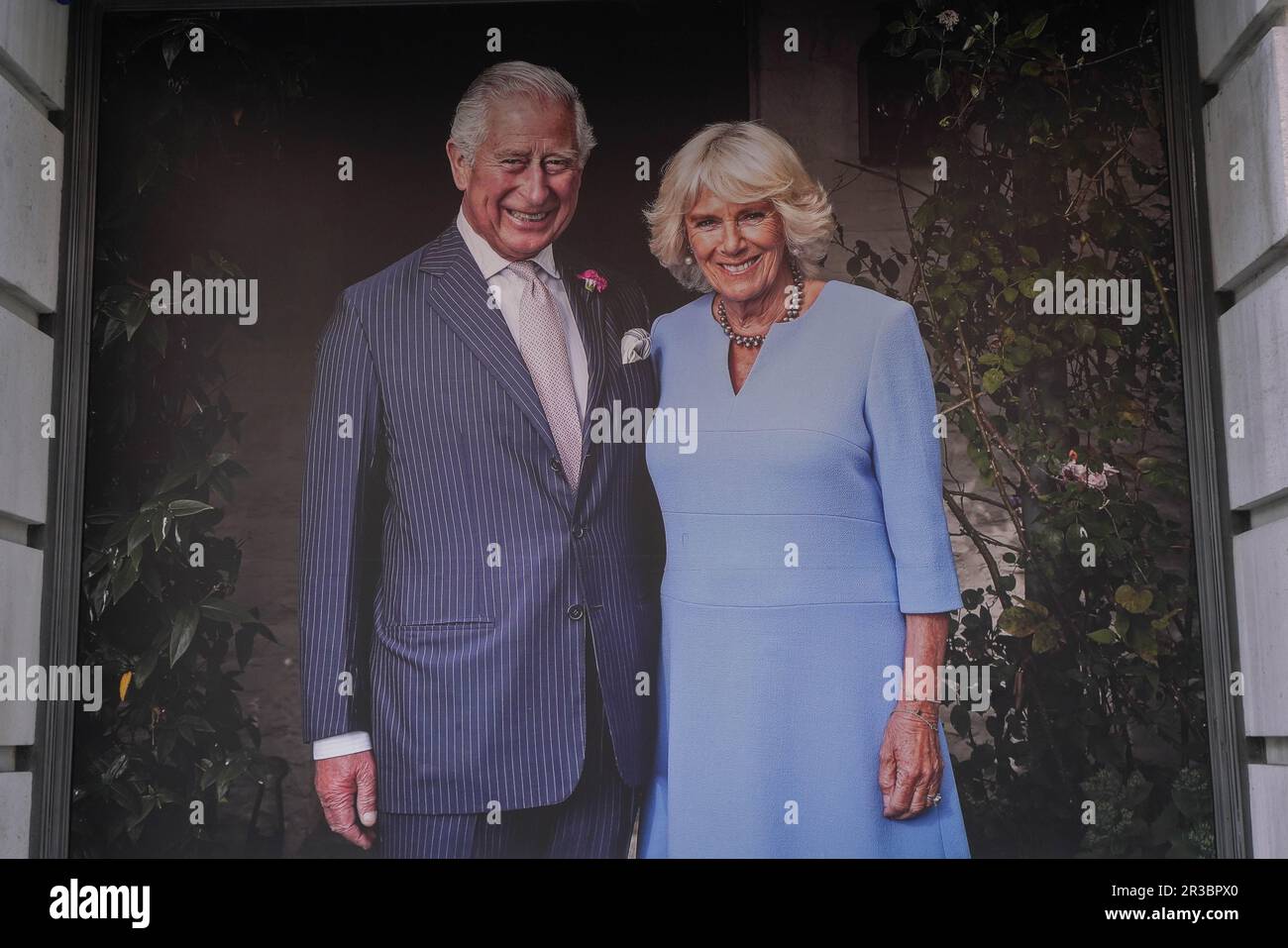 London UK. 23 May 2023 A portrait of King Charles III and Queen Camilla ...