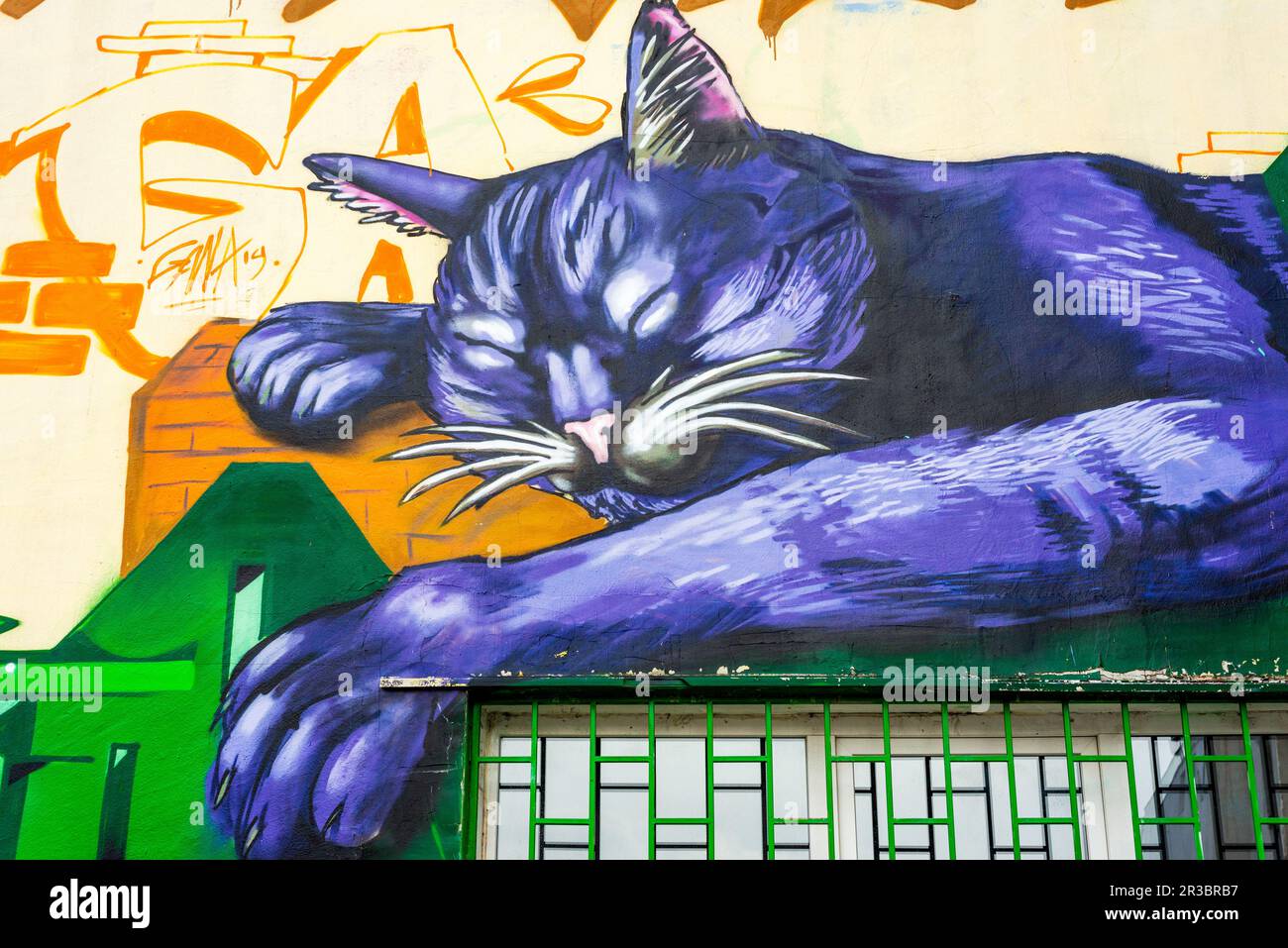 Sleeping cat graffiti mural street art in Sofia, Bulgaria, Eastern ...