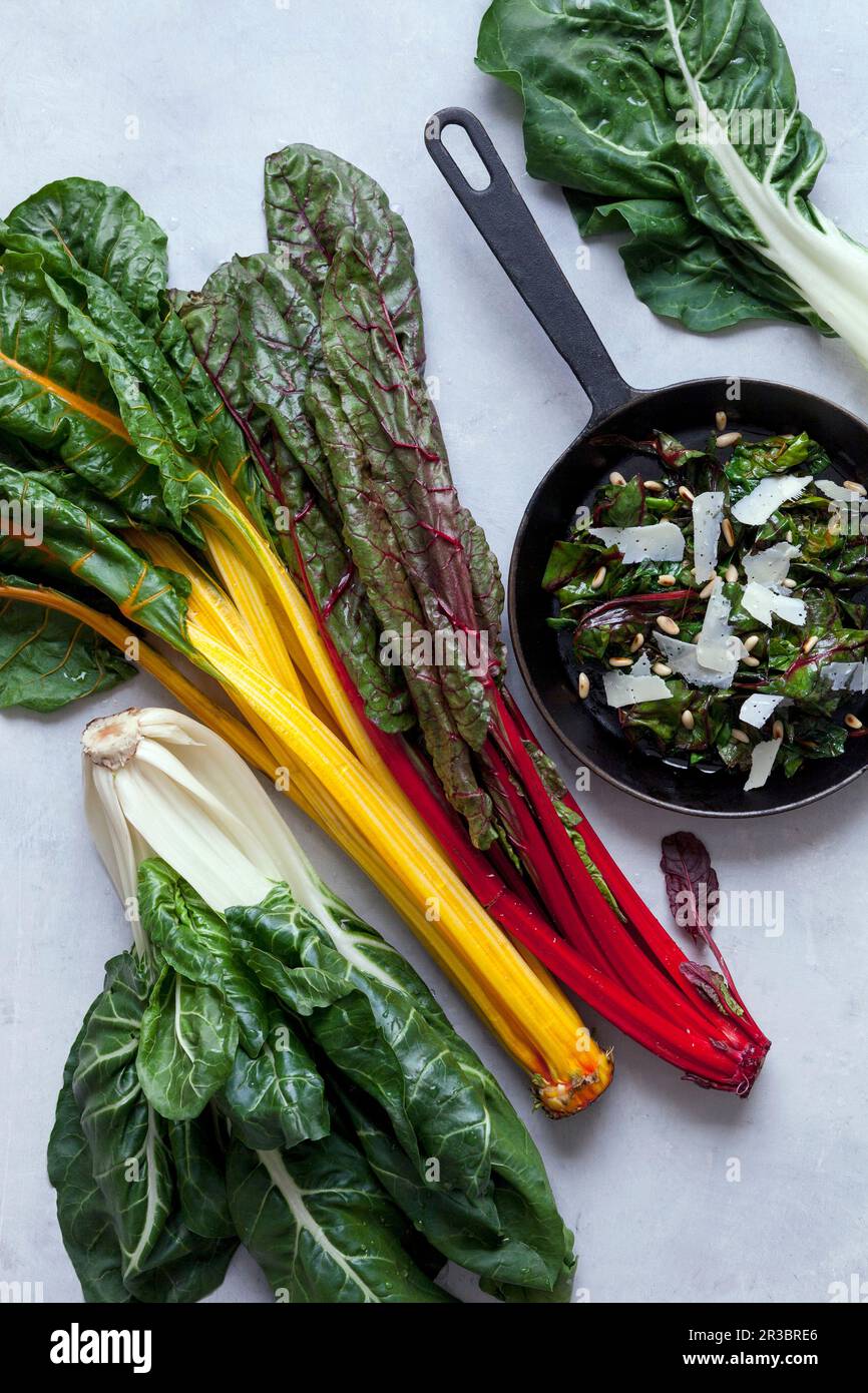 Swiss chard in different colors and chard in a pan Stock Photo - Alamy
