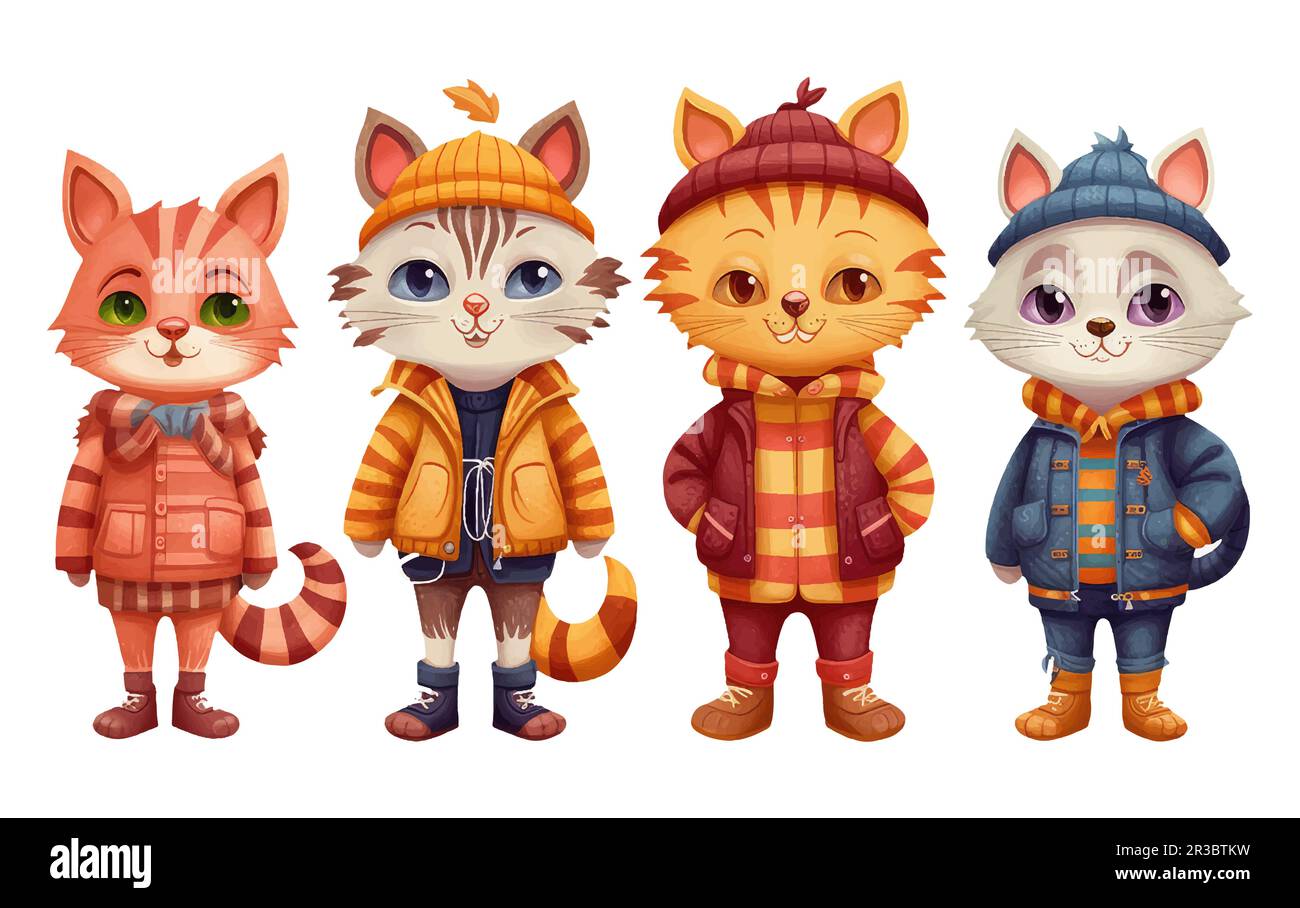 set vector illustration of cute cat wear casual autumn outfit elements ...
