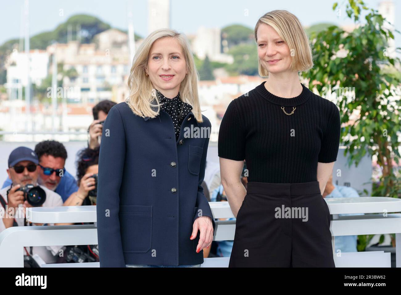 Jessica Hausner and Mia Wasikowska pose at the 'Club Zero' photocall during the 76th Cannes Film ...