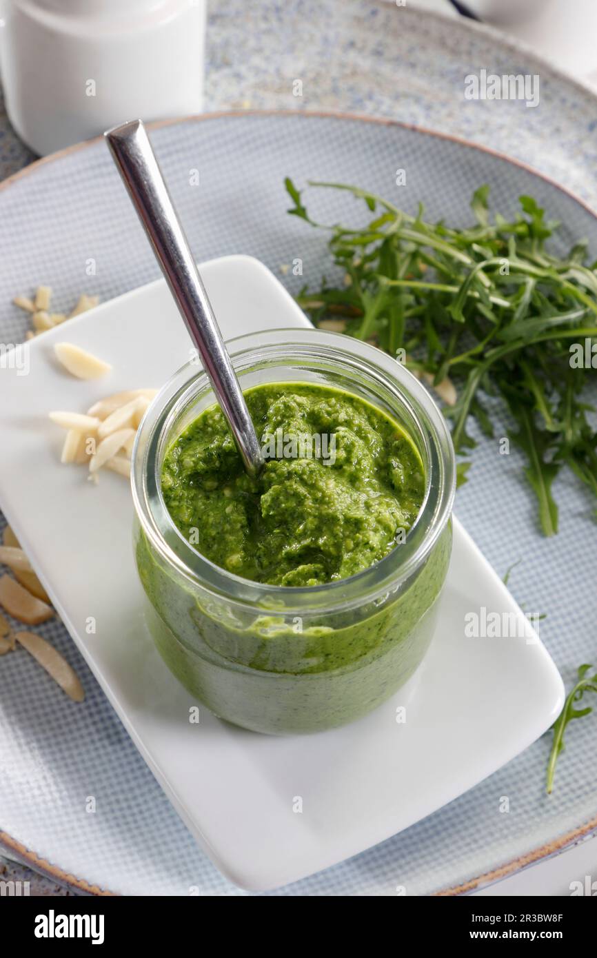 Vegan almond and rocket pesto Stock Photo - Alamy