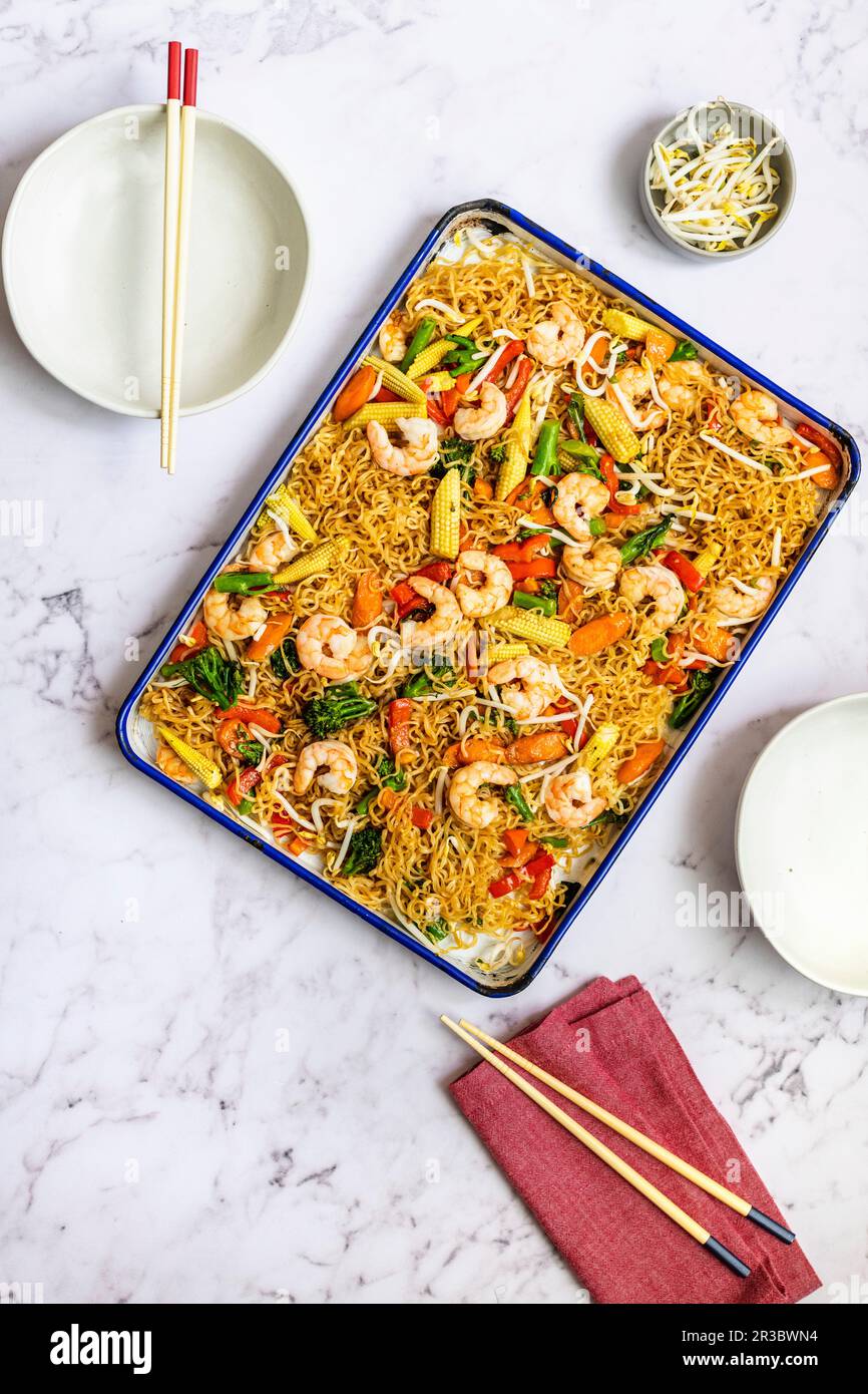 Sheet Pan Prawn Chow Mein with Ramen Noodles Stock Photo - Alamy